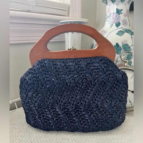 Vintage | Bags | Navy Blue Straw With Wood Handle Handbag | Poshmark